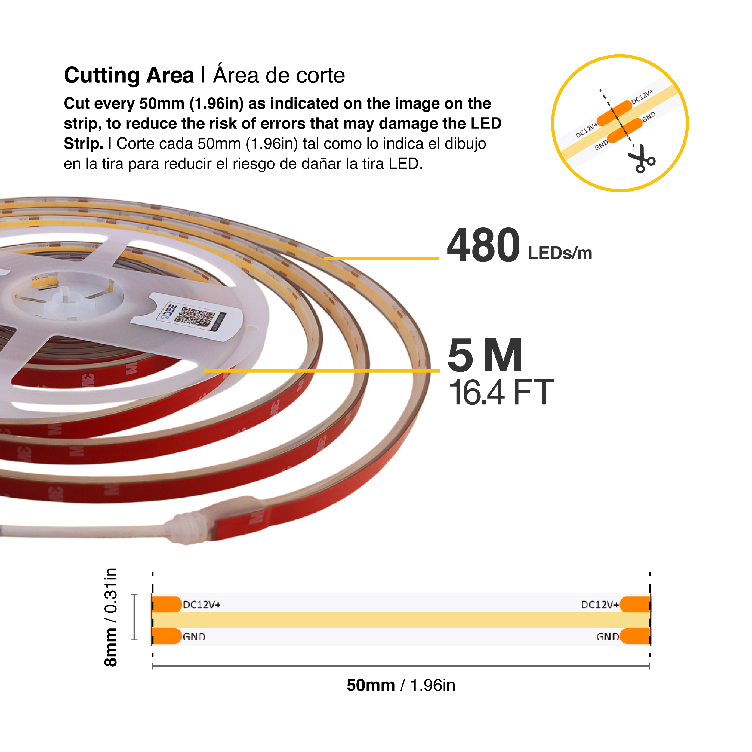 Tira LED COB 24V 11W/m Blanco Cálido 1100lm/m 480 LEDs/m 8mm IP68, 5m