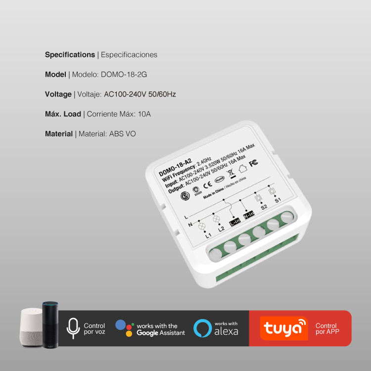 Mini Smart Switch WiFi+RF 4 Canales, 100-240Vac 50-60Hz 10A max 2.4GHz
