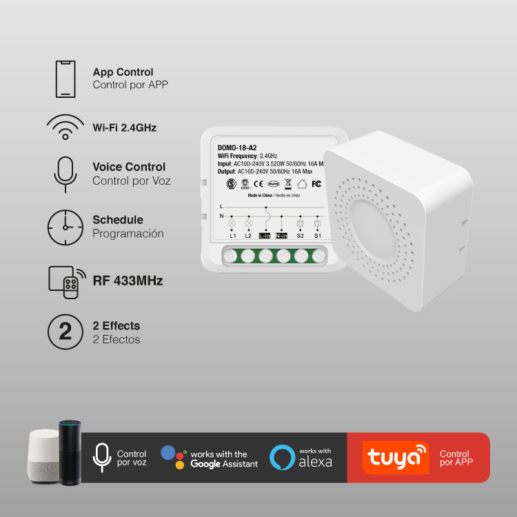 Mini Smart Switch WiFi+RF 2 Canales, 100-240Vac 50-60Hz 10A max 2.4GHz