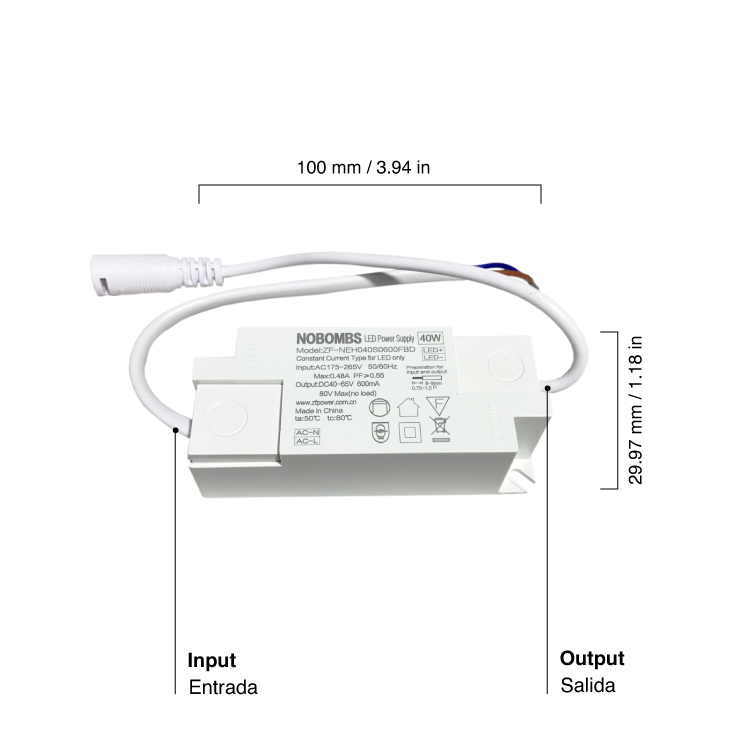 Driver LED, DC 40-66V 40W 600mA, Entrada: AC100-240V