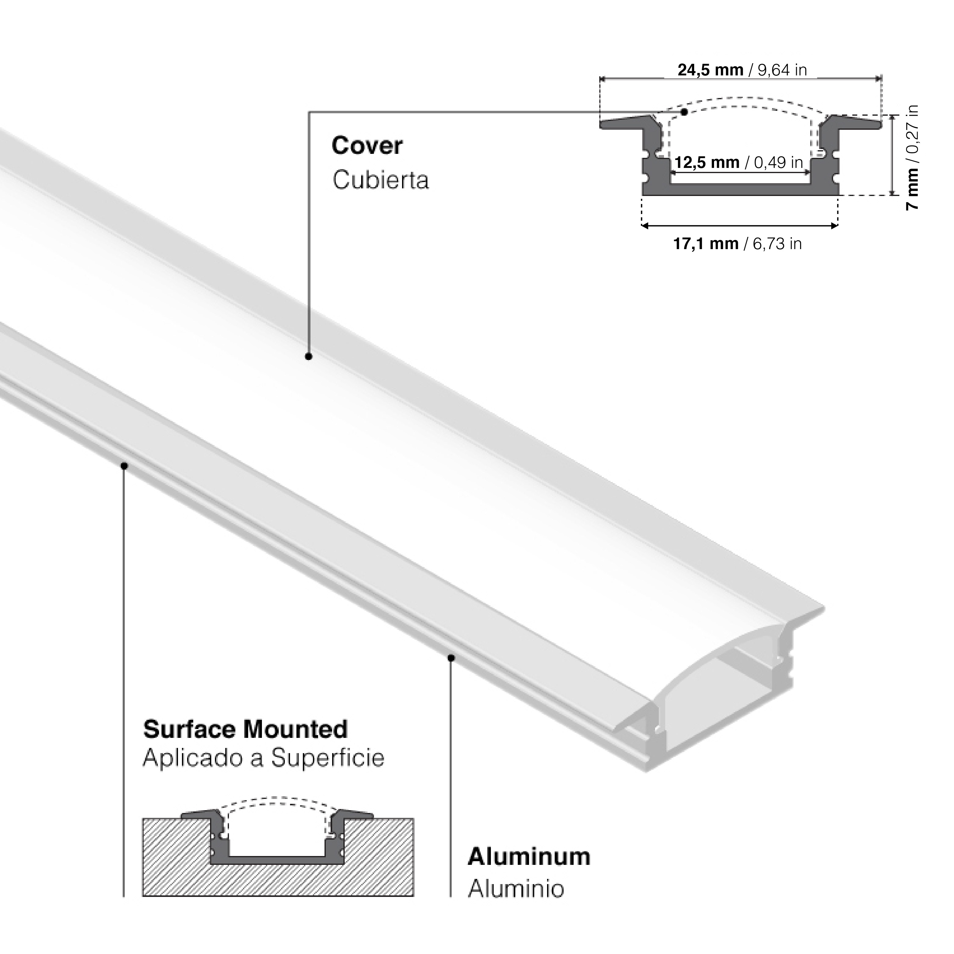 Perfil de Aluminio de EMBUTIR 17x7mm, Cover Opal, 2m
