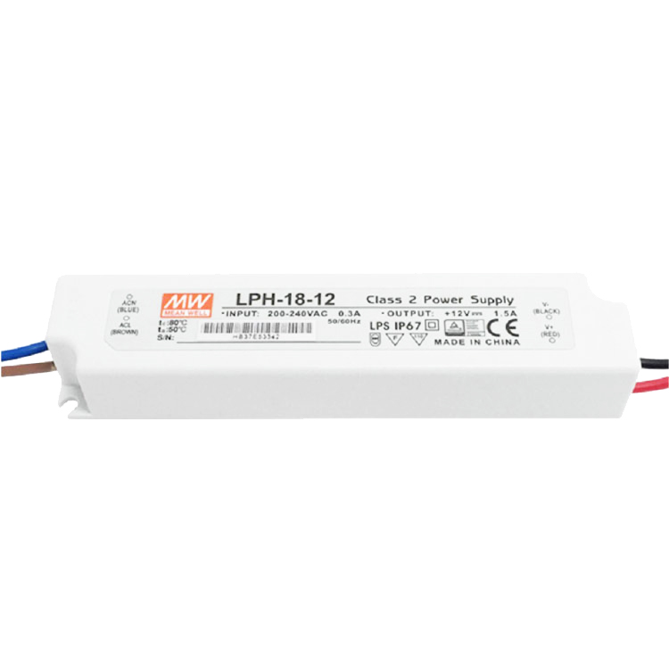 Outdoor IP67 MEANWELL Power Supply, 180-264VAC DC 12V 1.5A 18W